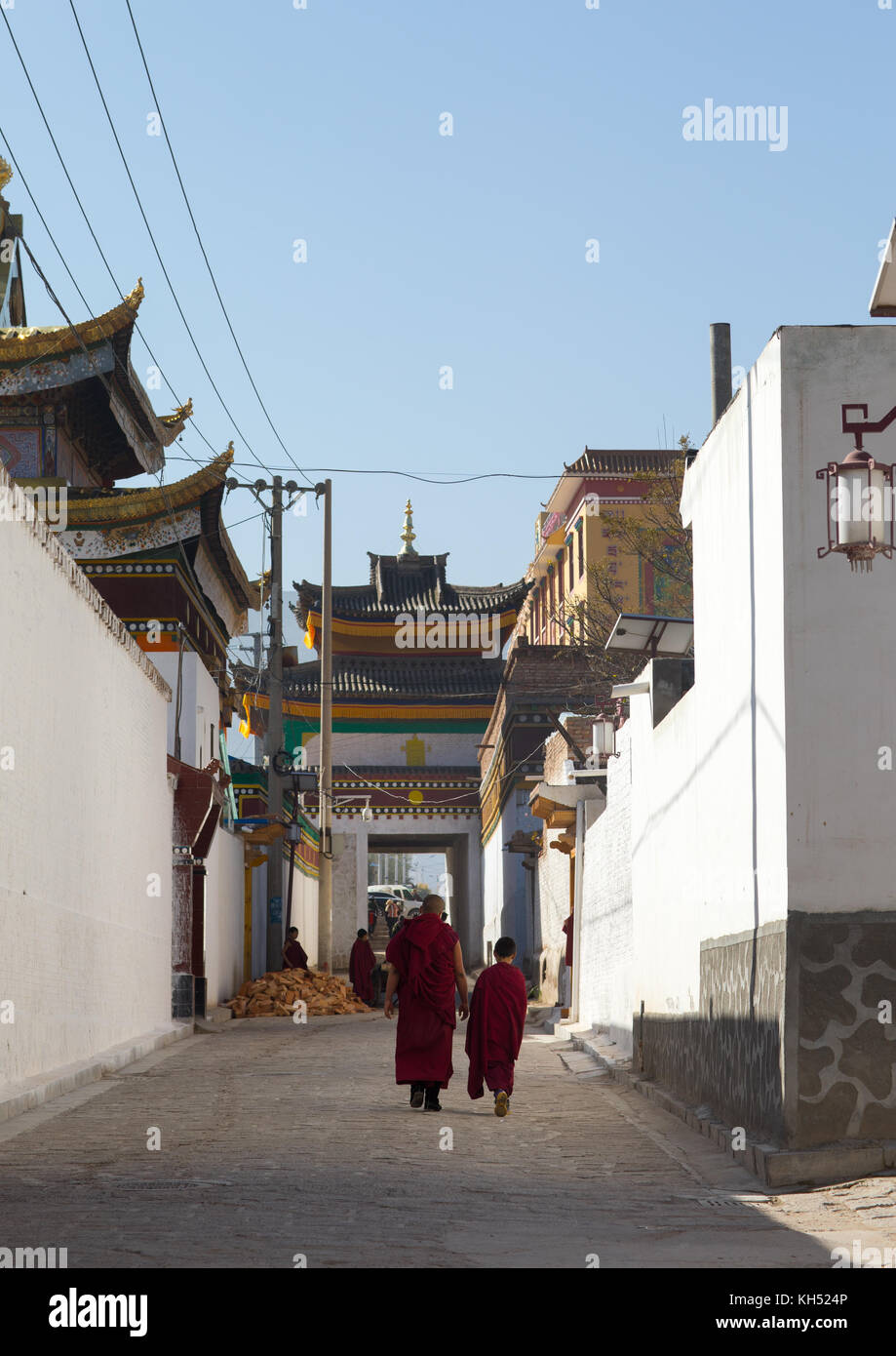 Tibetan monks walking in the street of Rongwo monastery, Tongren County ...