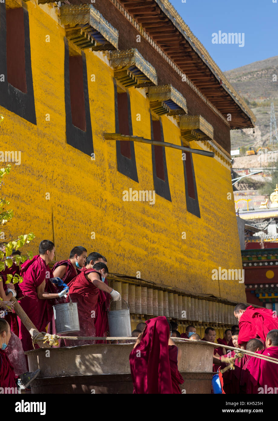 Monks preparaing the painting of a temple in Rongwo monastery, Tongren ...