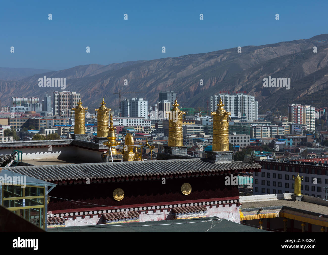Rongwo monastery in front of the modern town, Tongren County, Longwu ...