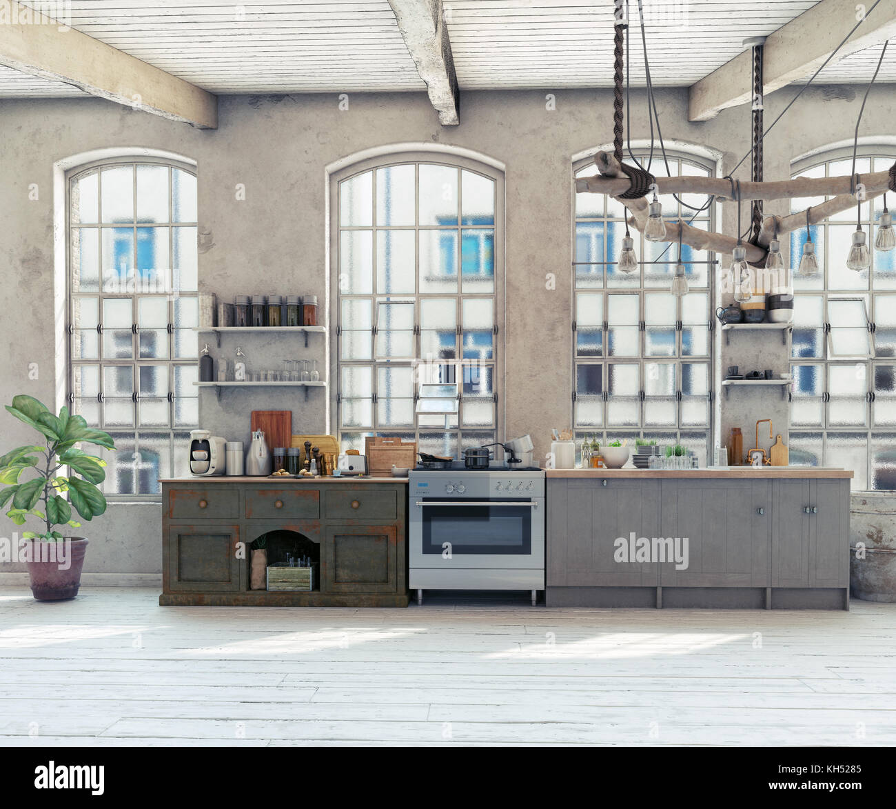 Attic loft kitchen interior. 3d rendering concept Stock Photo - Alamy