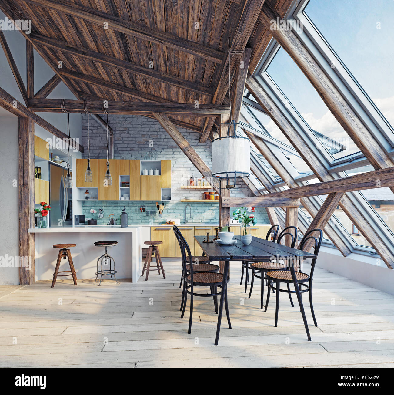 modern attic kitchen interior. 3d rendering concept Stock Photo - Alamy