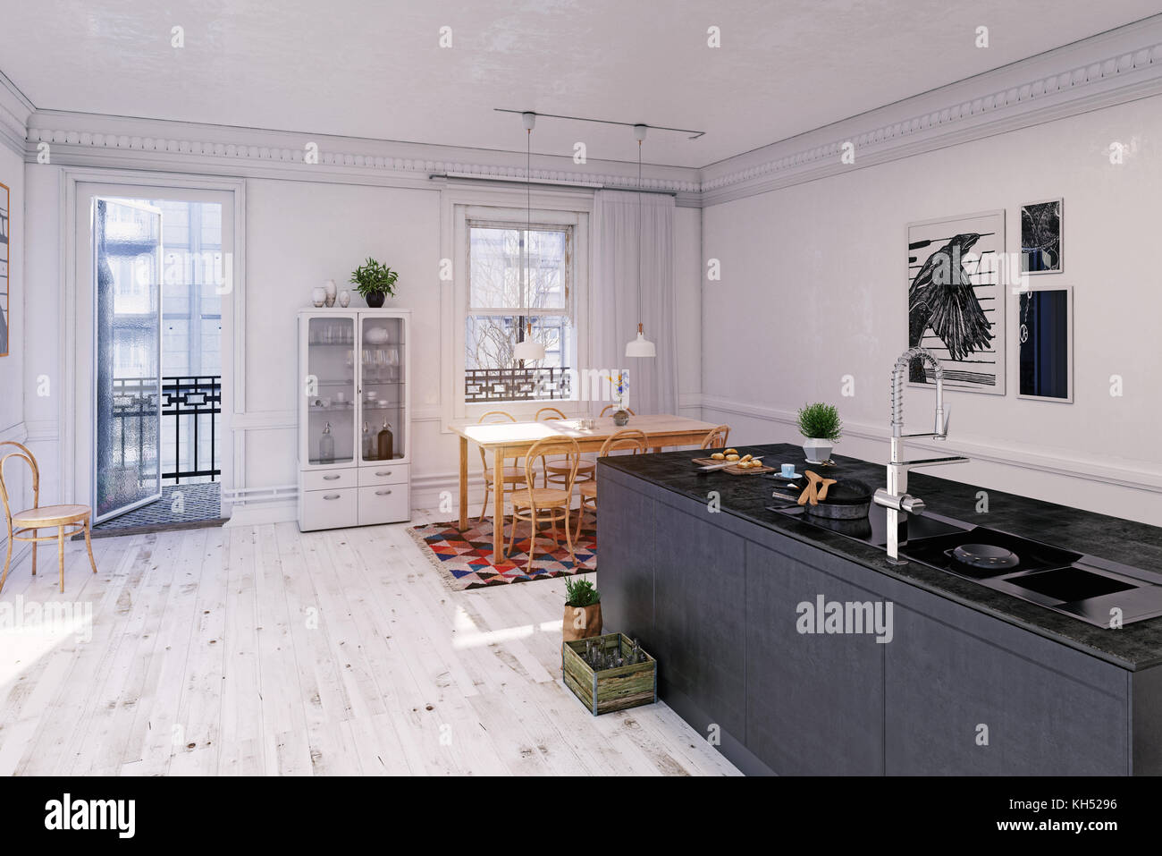 Modern kitchen interior rendering, white concept. 3d illustration Stock ...