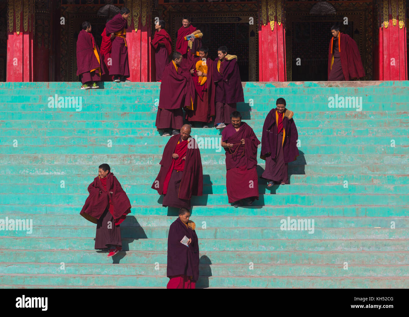 Tibetan monks of the gelug order or yellow hat sect on the stairs in ...
