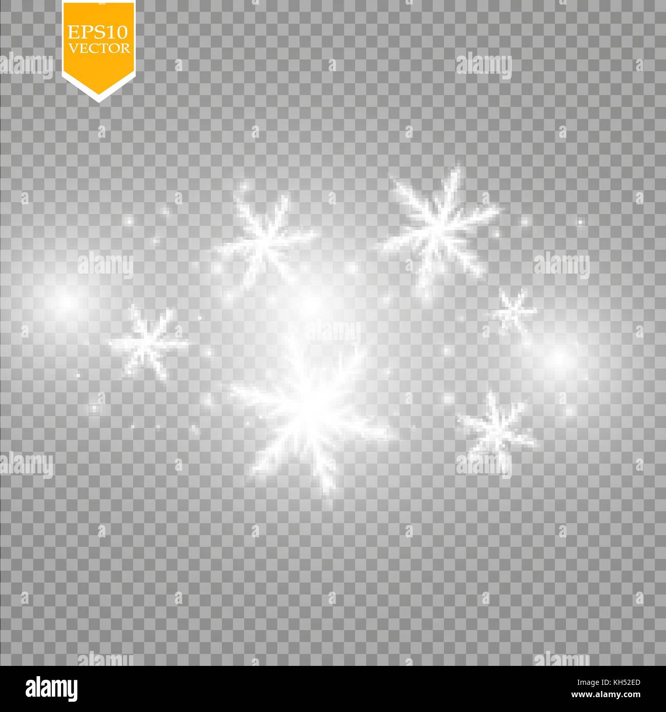 Shine white snowflake with glitter isolated on transparent background. Christmas decoration with ...