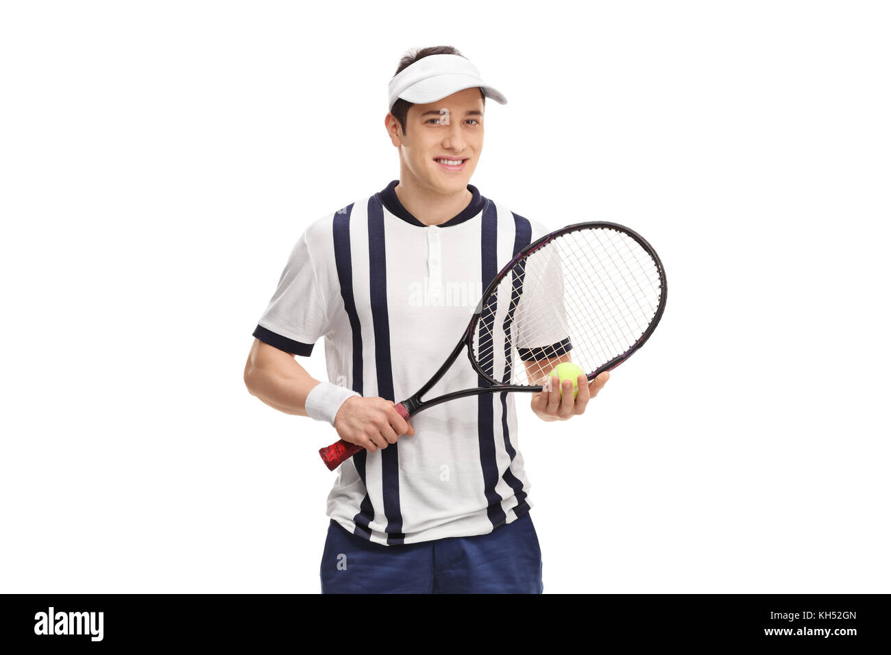 Tennis player with a racket and a tennis ball isolated on white ...