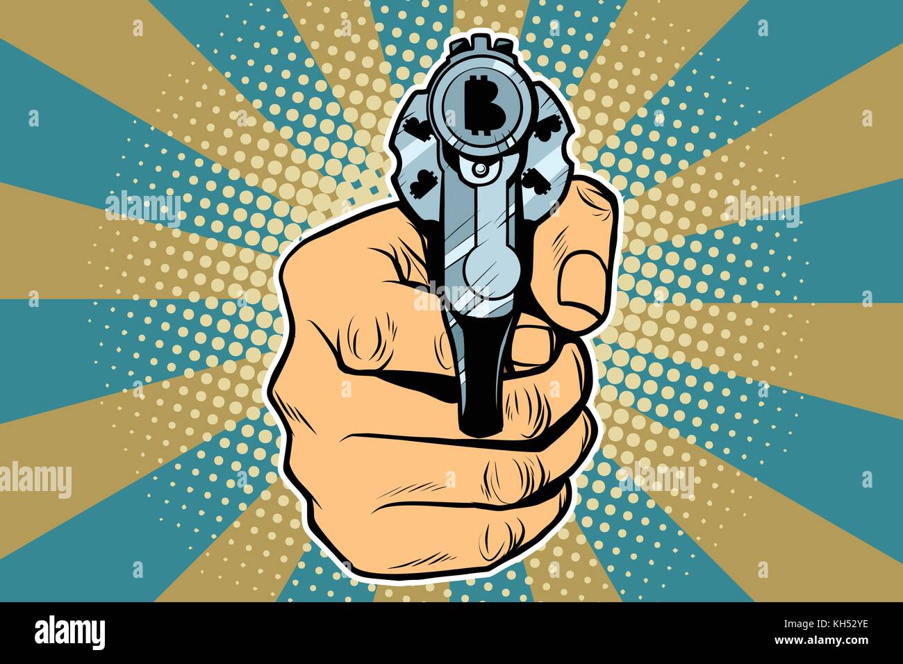Bitcoin currency money Finance revolver in hand. Pop art retro vector ...