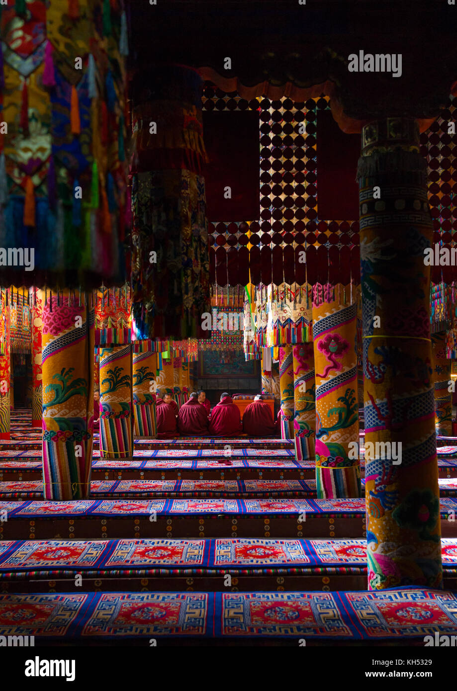 Monks praying and meditating inside Rongwo monastery, Tongren County ...