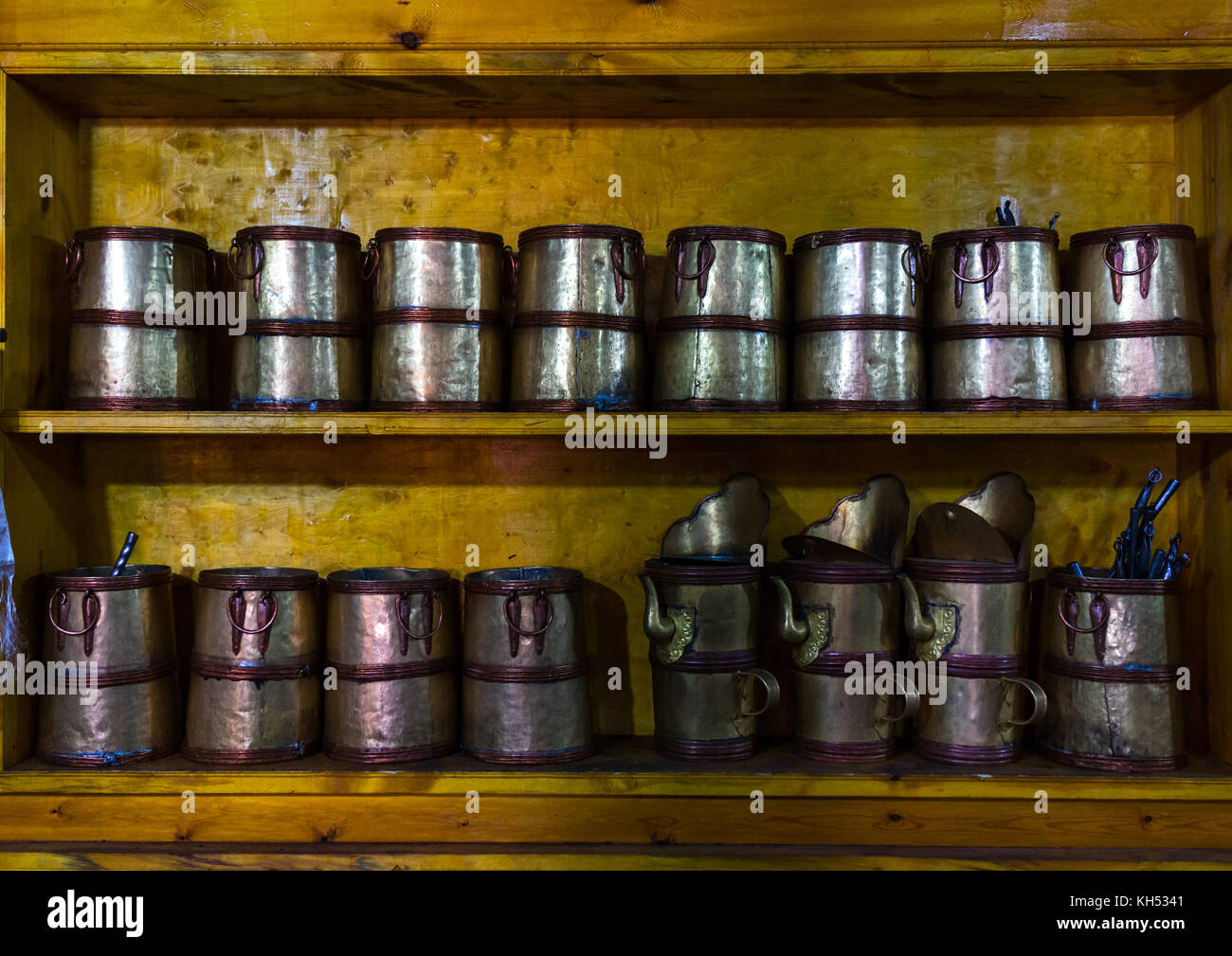 Metal pots inside the monks kitchen in Rongwo monastery, Tongren County ...