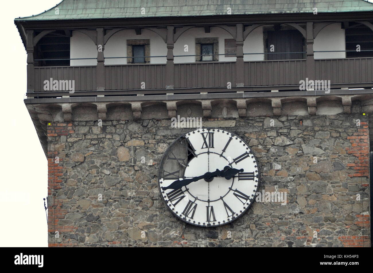 Damaged tower clock, windstorm, repair, Green Gate, Pardubice Stock ...