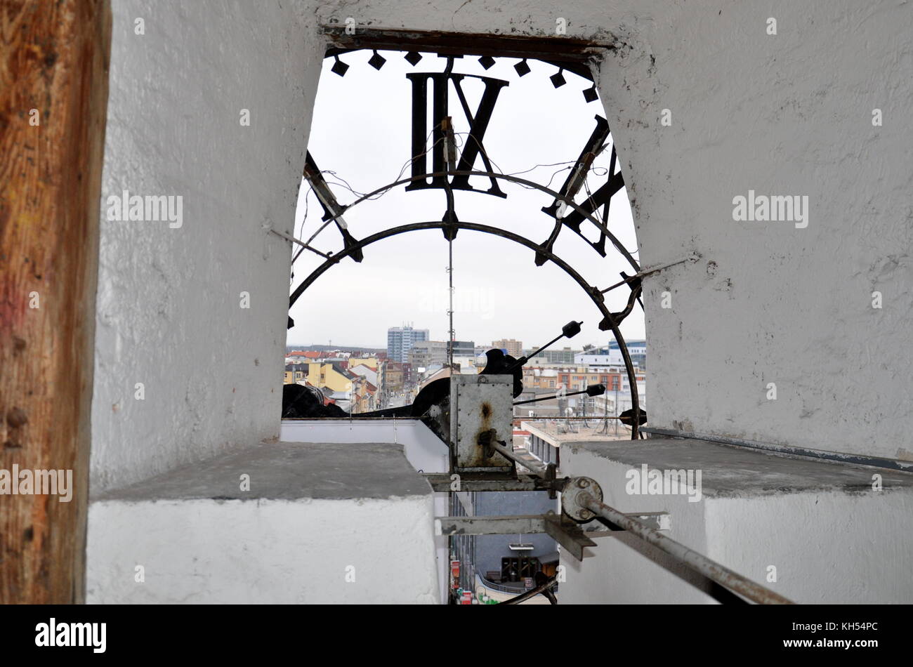 Damaged tower clock, windstorm, repair, Green Gate, Pardubice Stock ...