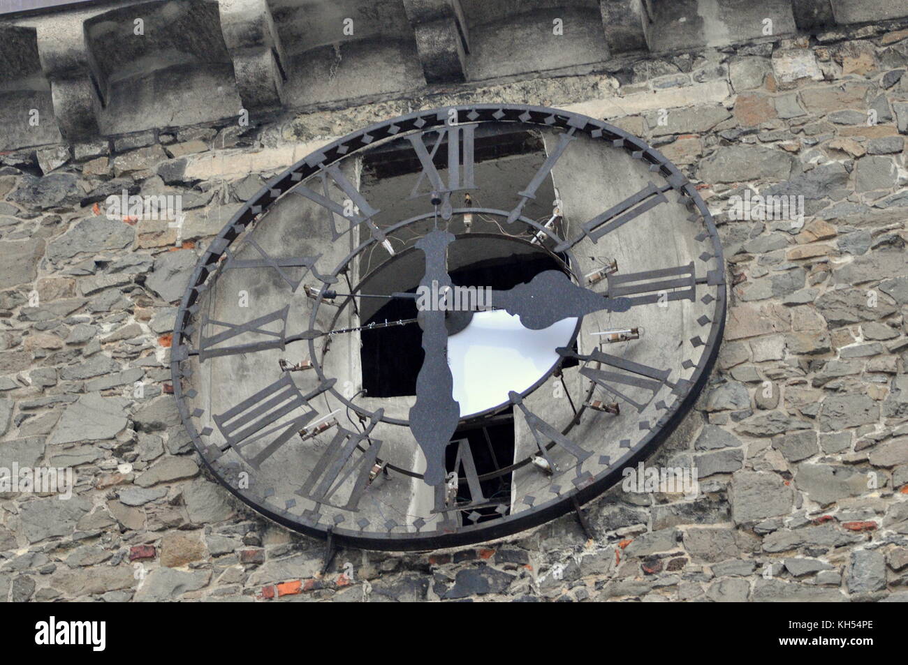 Damaged tower clock, windstorm, repair, Green Gate, Pardubice Stock ...