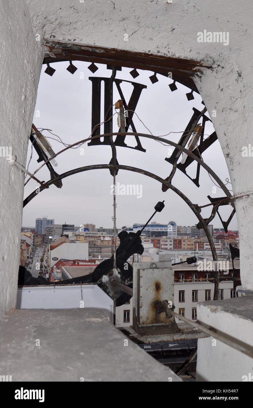Damaged tower clock, windstorm, repair, Green Gate, Pardubice Stock ...