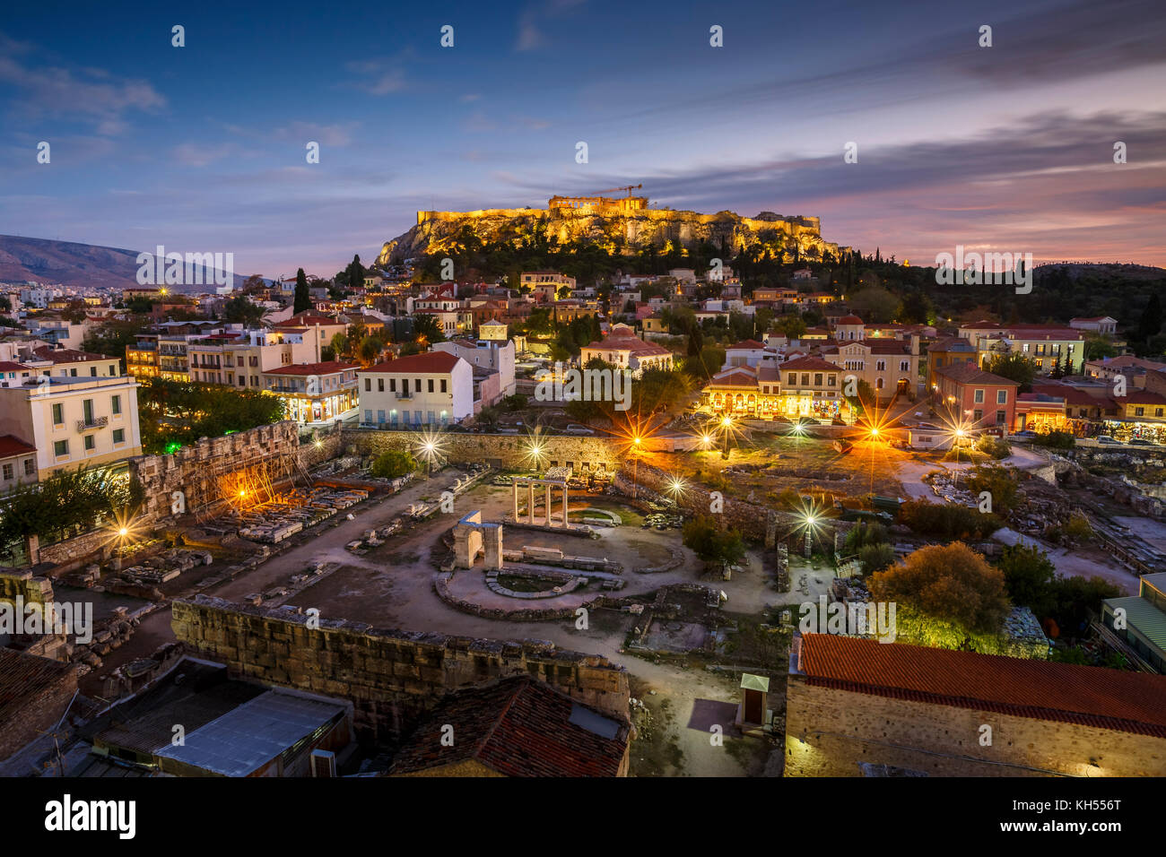 View of Acropolis from a roof top coctail bar at sunset, Greece Stock ...