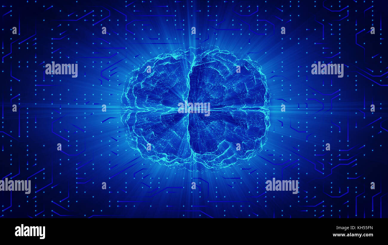 Blue glowing brain wired on neural surface or electronic conductors ...