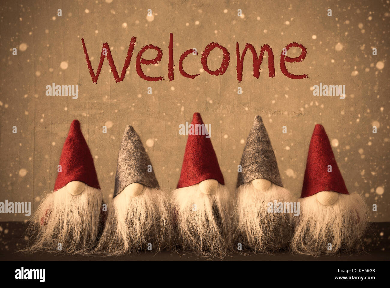 Gnomes With English Text Welcome. Background With Snowflakes And Filter ...