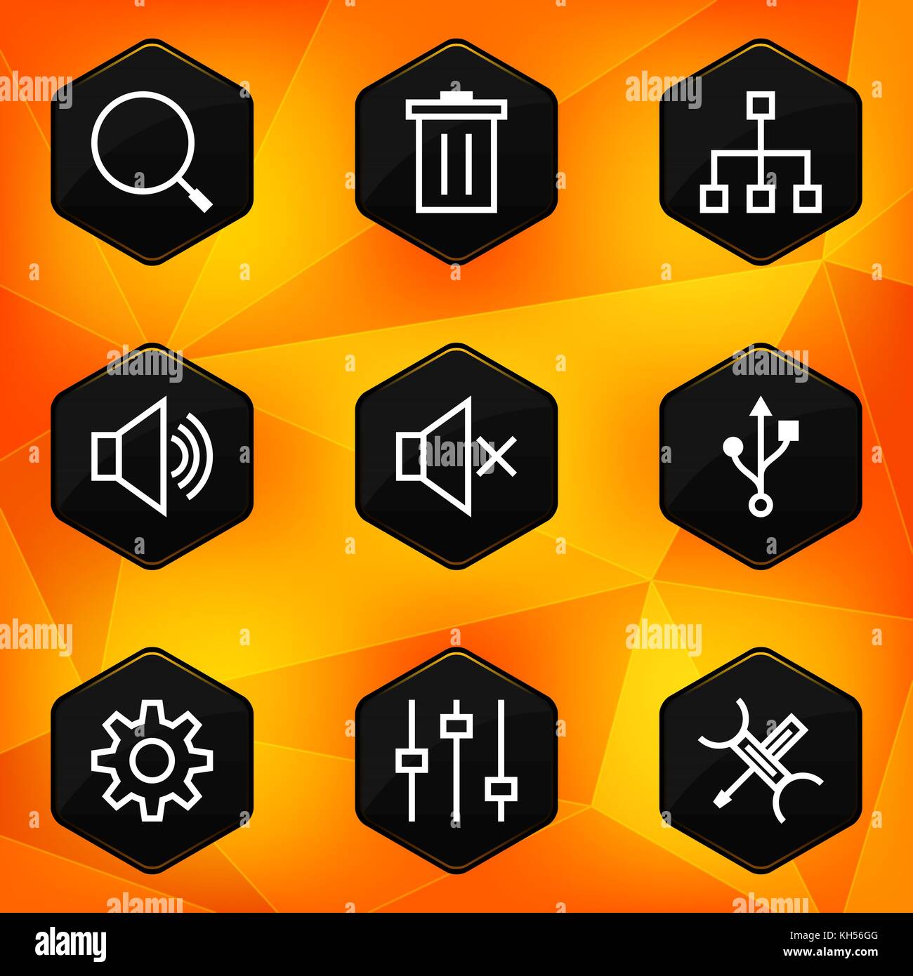 Settings. Hexagonal icons set on abstract orange background. Vector ...