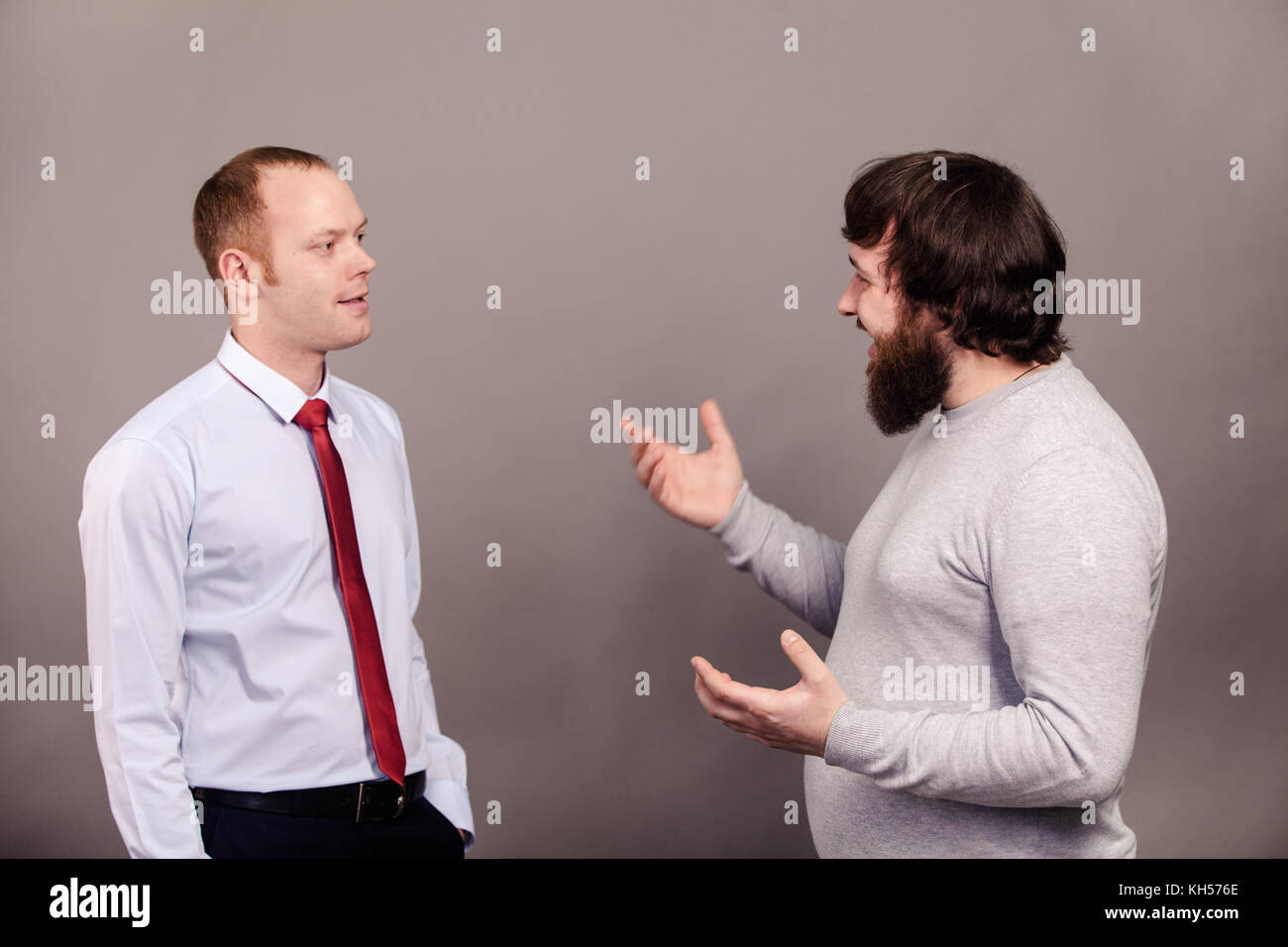 Colleagues discuss something during their meeting, gray background ...