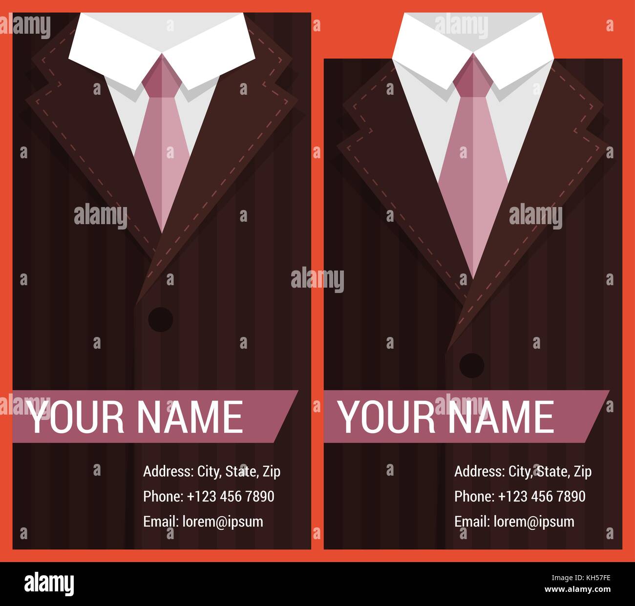 Flat business card template with brown jacket. Vector illustration in ...