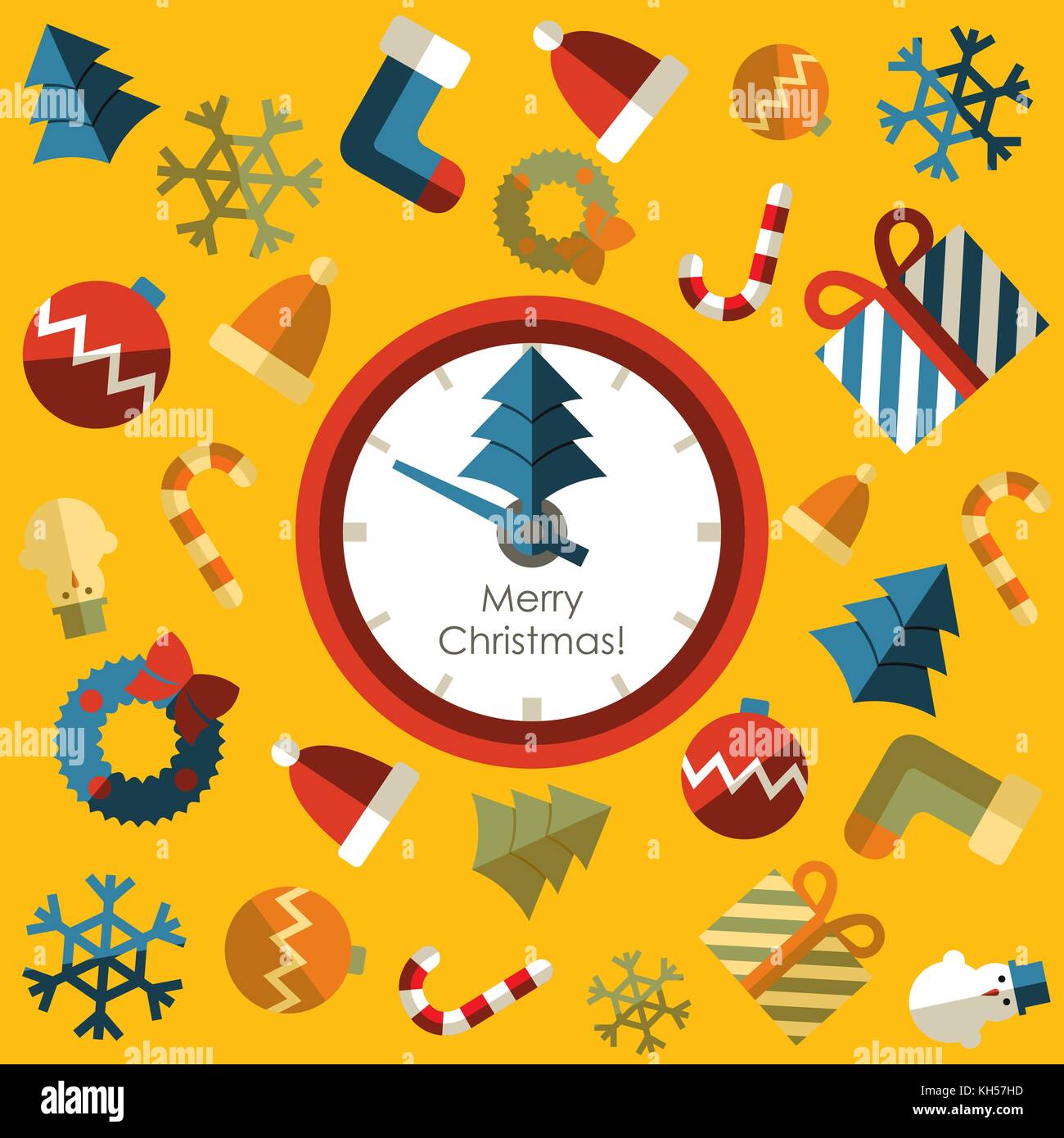 Clock. Merry christmas with background icon. Vector illustration in ...