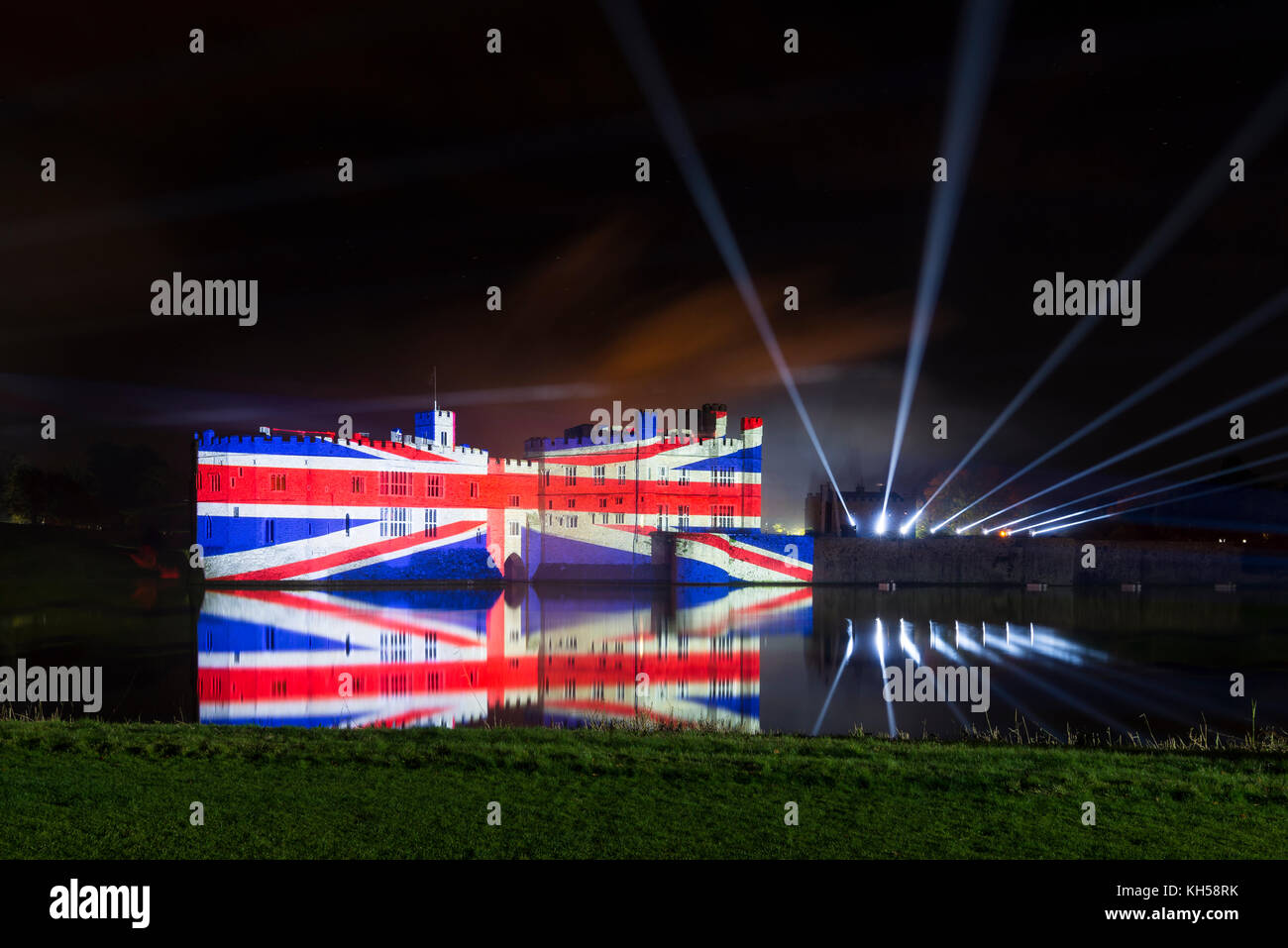 Firework display and light show at Leeds Castle, Kent Stock Photo - Alamy