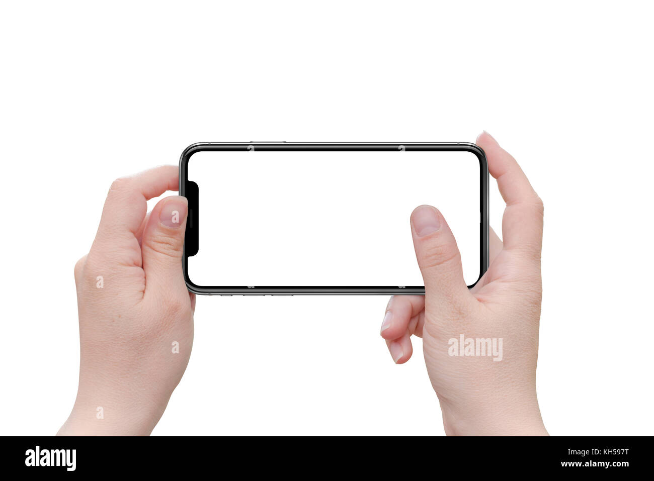 Isolated black curved x mobile phone in horizontal position in woman ...