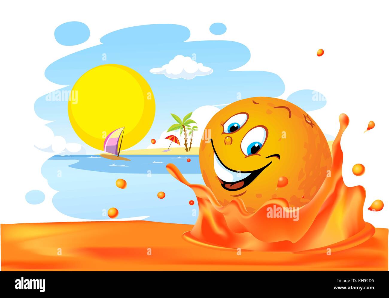 Summer design with cute orange fruit in juice splash on the beach ...