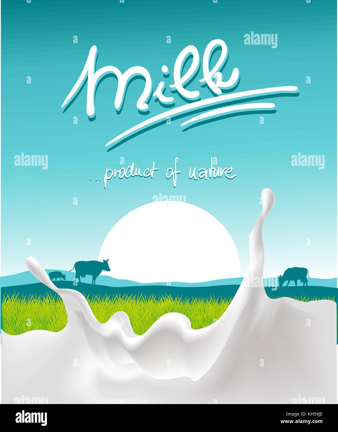 blue milk design with milk splash, farm animal and sunset - vector ...