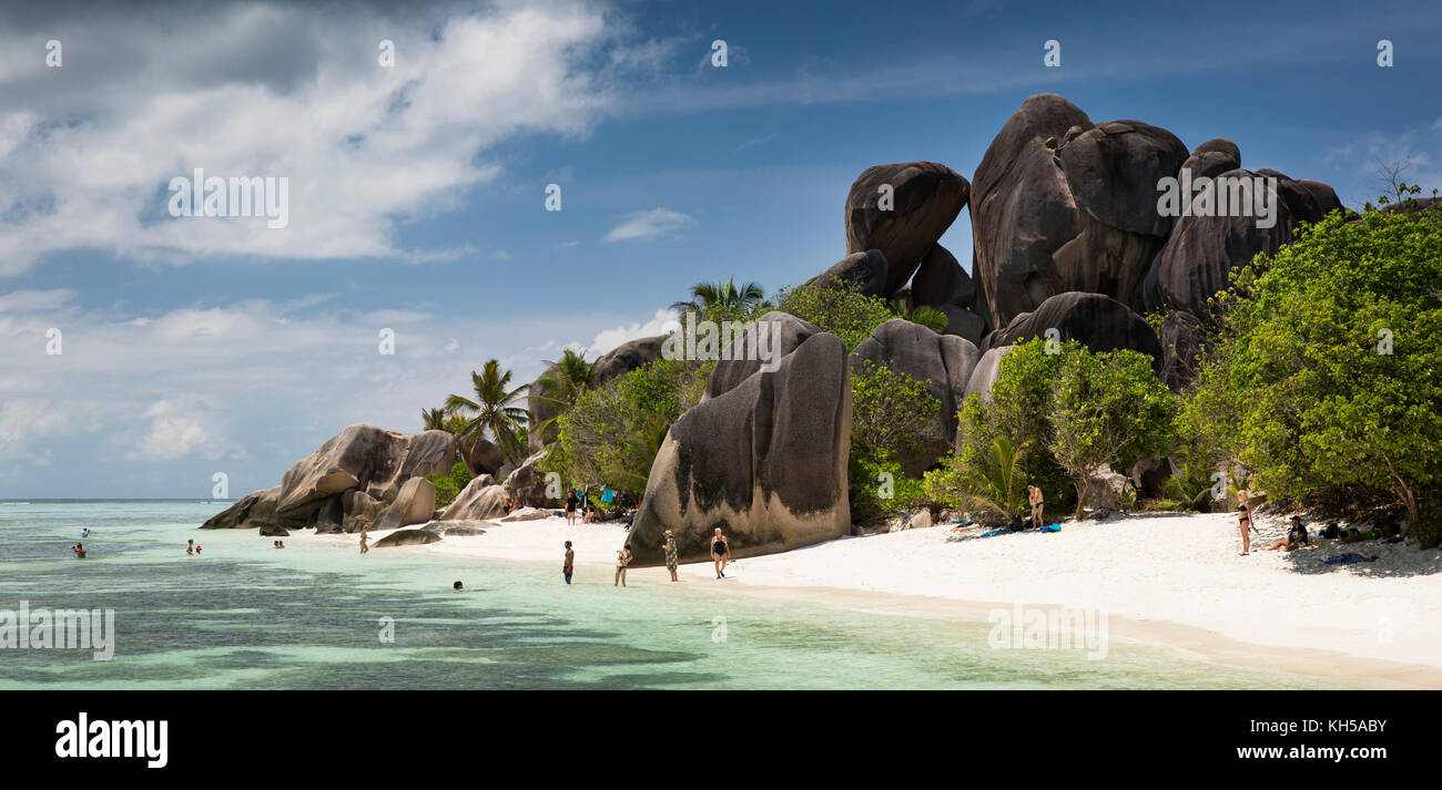 The Seychelles, La Digue, L’Union Estate, tourists on Anse Source d ...