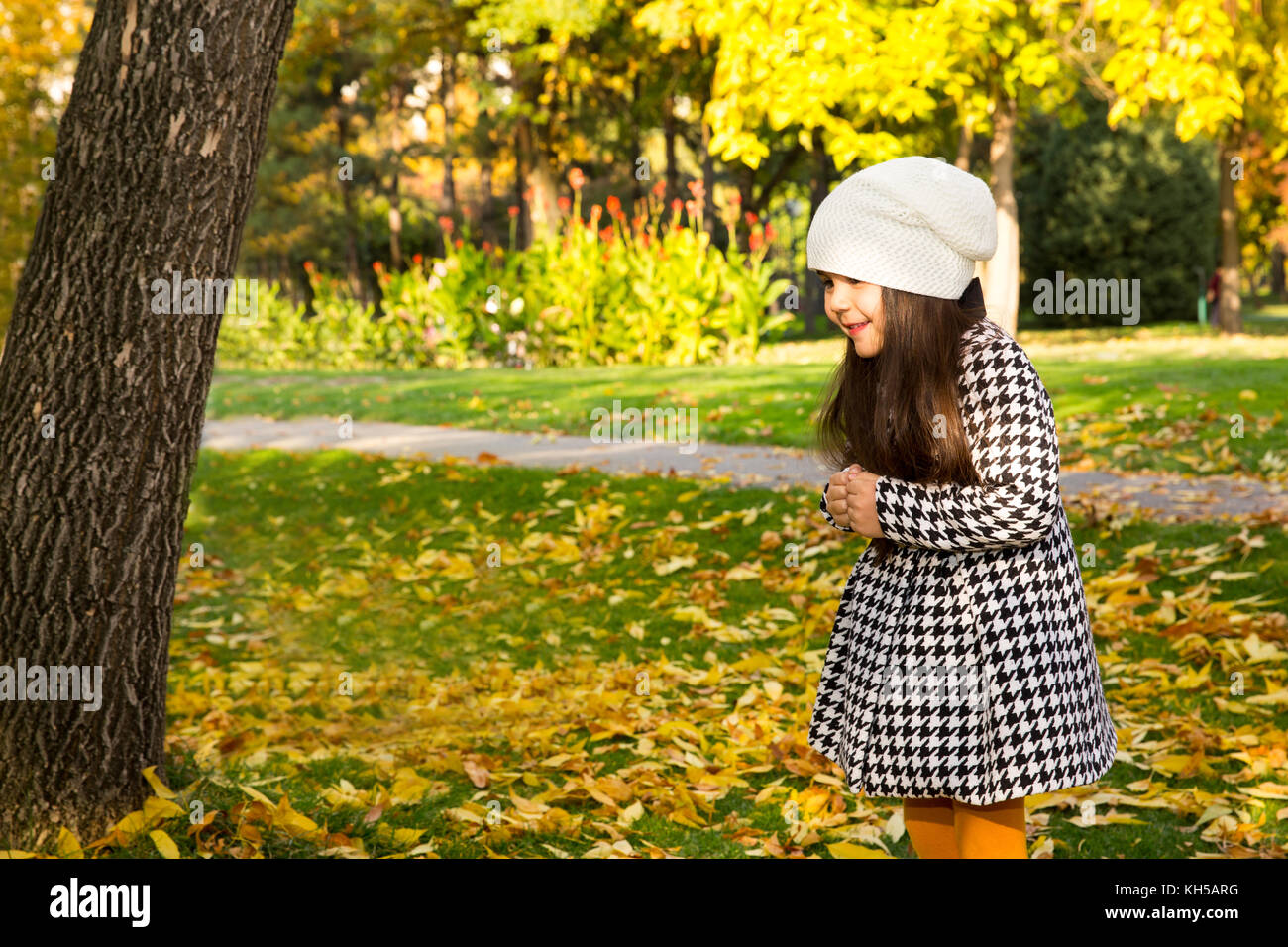 Autumn portrait of beautiful child. Happy little girl with leaves in ...