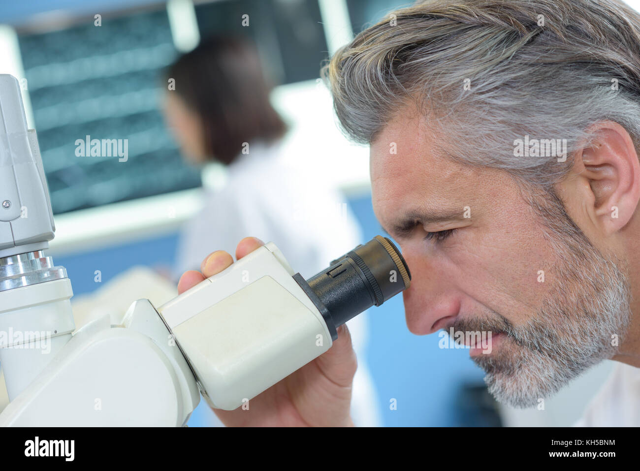 scientist examining sample with microscope in the laboratory Stock ...
