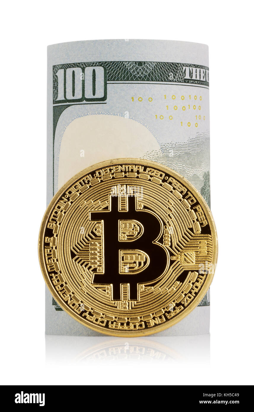 Twisted hundred dollar bills and virtual currency bitcoin Stock Photo ...