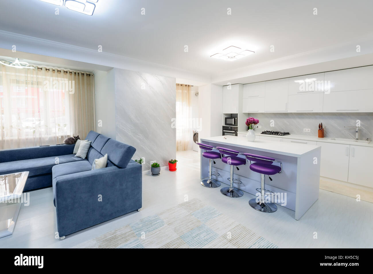 Interior of modern white studio apartment with kitchen Stock Photo - Alamy