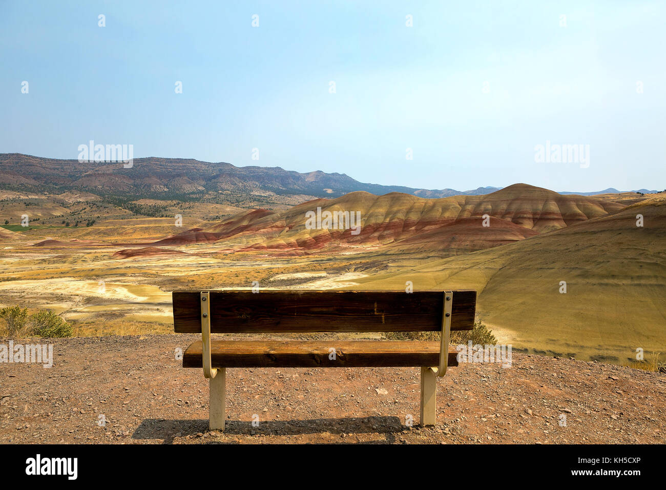 View from the wood bench at Painted Hills Overlook in Eastern Oregon ...
