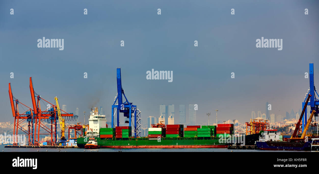 Container ship in import export and business logistic. Trade Port ...
