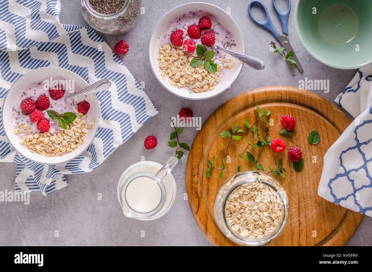 Delish healthy breakfast, oatmeat rapsberry yoghurt food Stock Photo ...