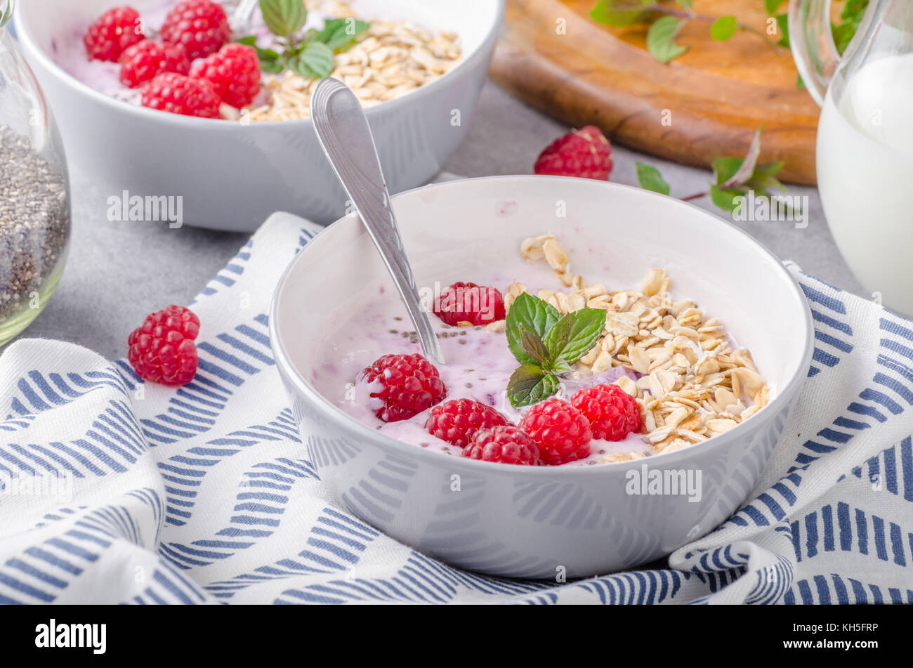 Delish healthy breakfast, oatmeat rapsberry yoghurt food Stock Photo ...