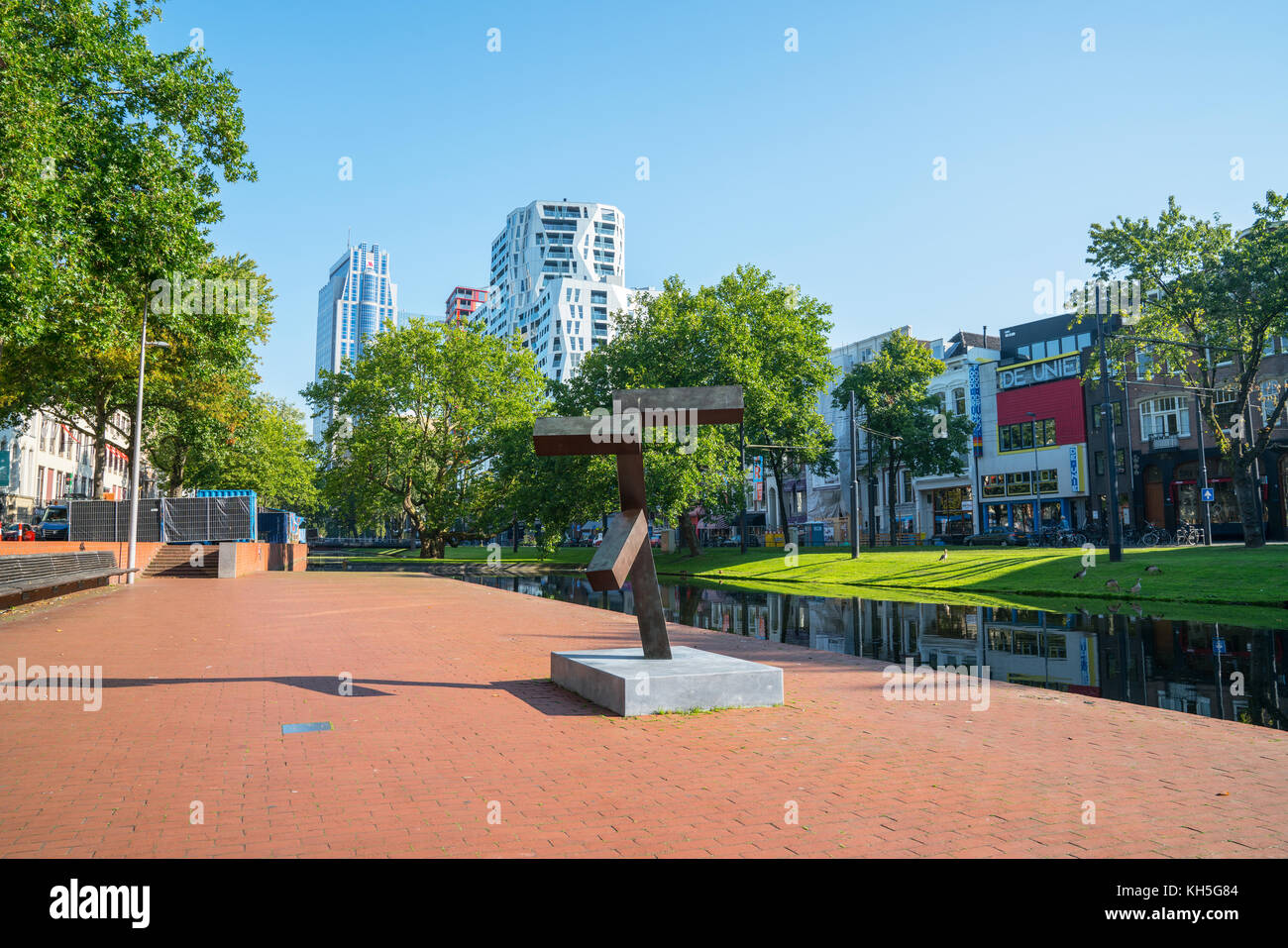ROTTERDAM, HOLLAND- AUGUST 23, 2017; Public art sculpture along grassy ...