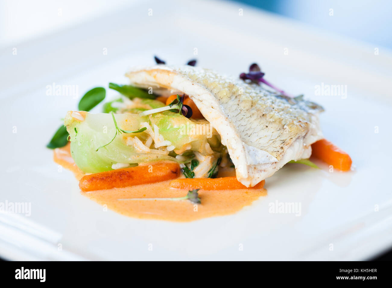 Fried whitefish fillet stir-fried with green vegetables, jasmine rice ...