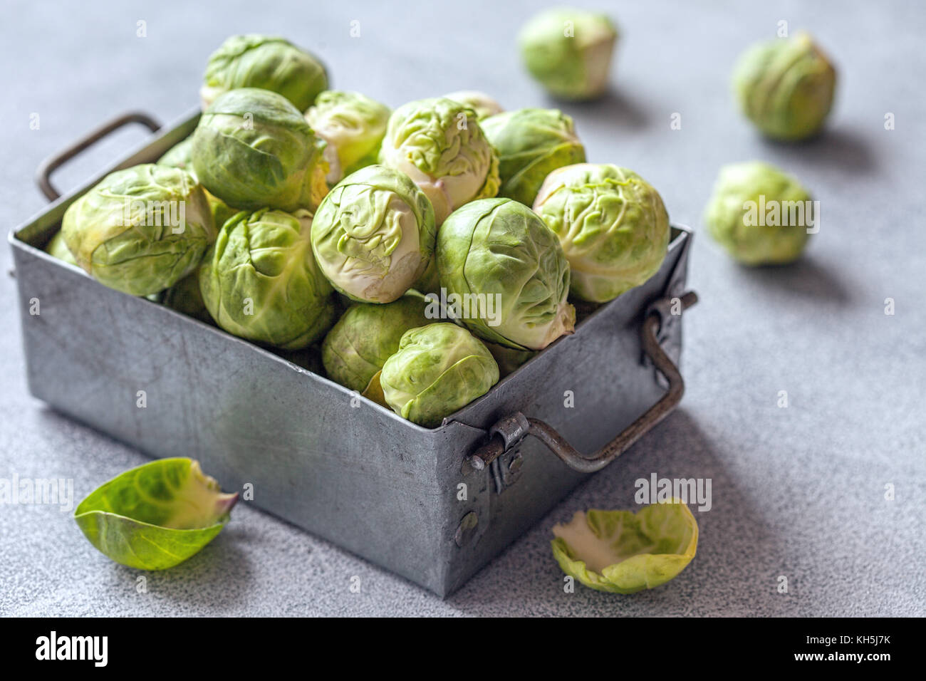 fresh raw organic green brussel sprouts in a metal box Stock Photo - Alamy