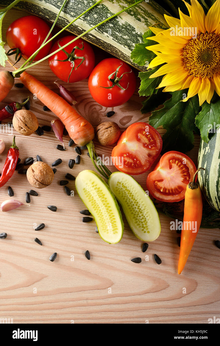 Top view fresh natural vegetables on wooden background. Zucchini ...
