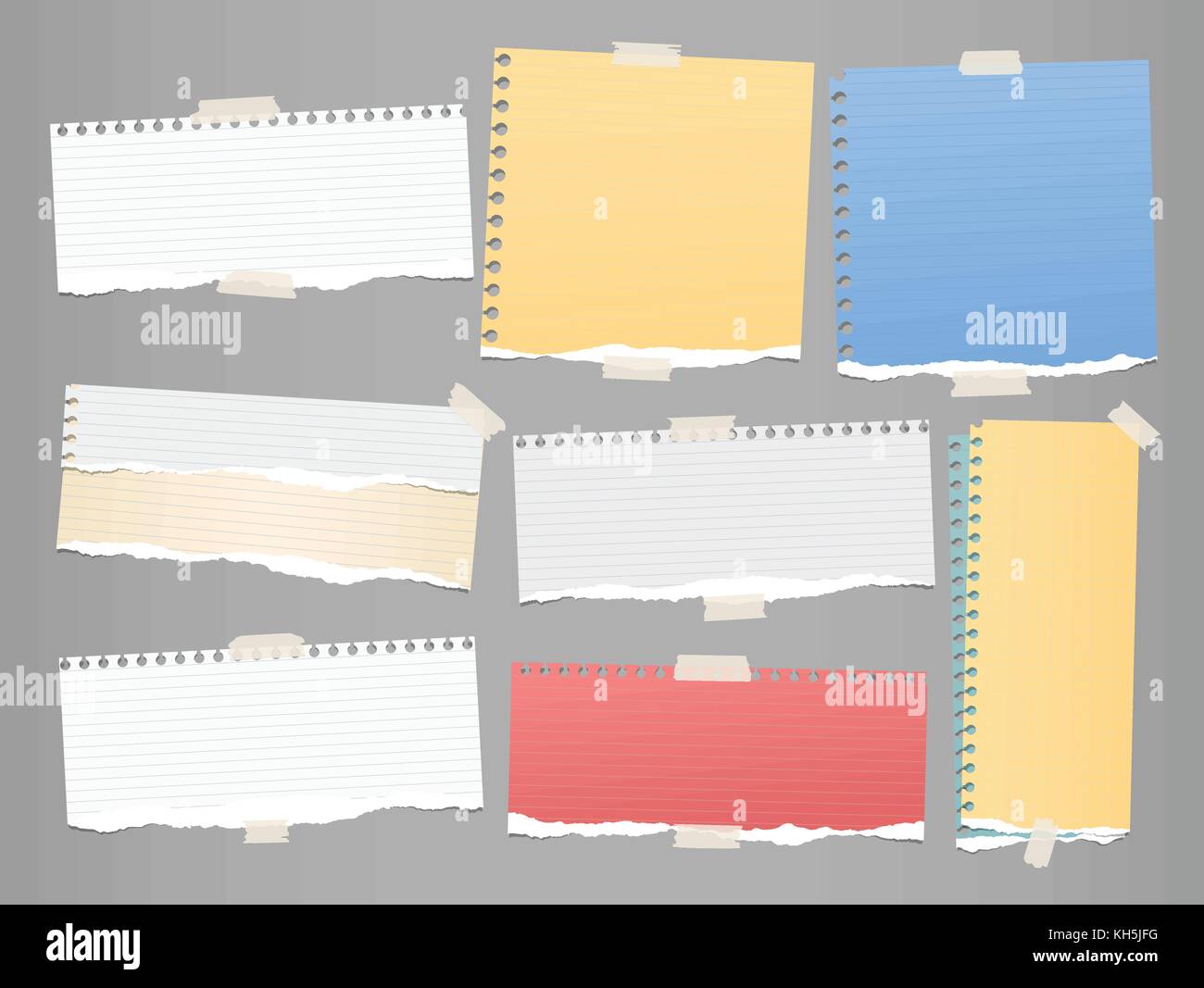 Colorful and white ripped strips, notebook, note paper for text or ...