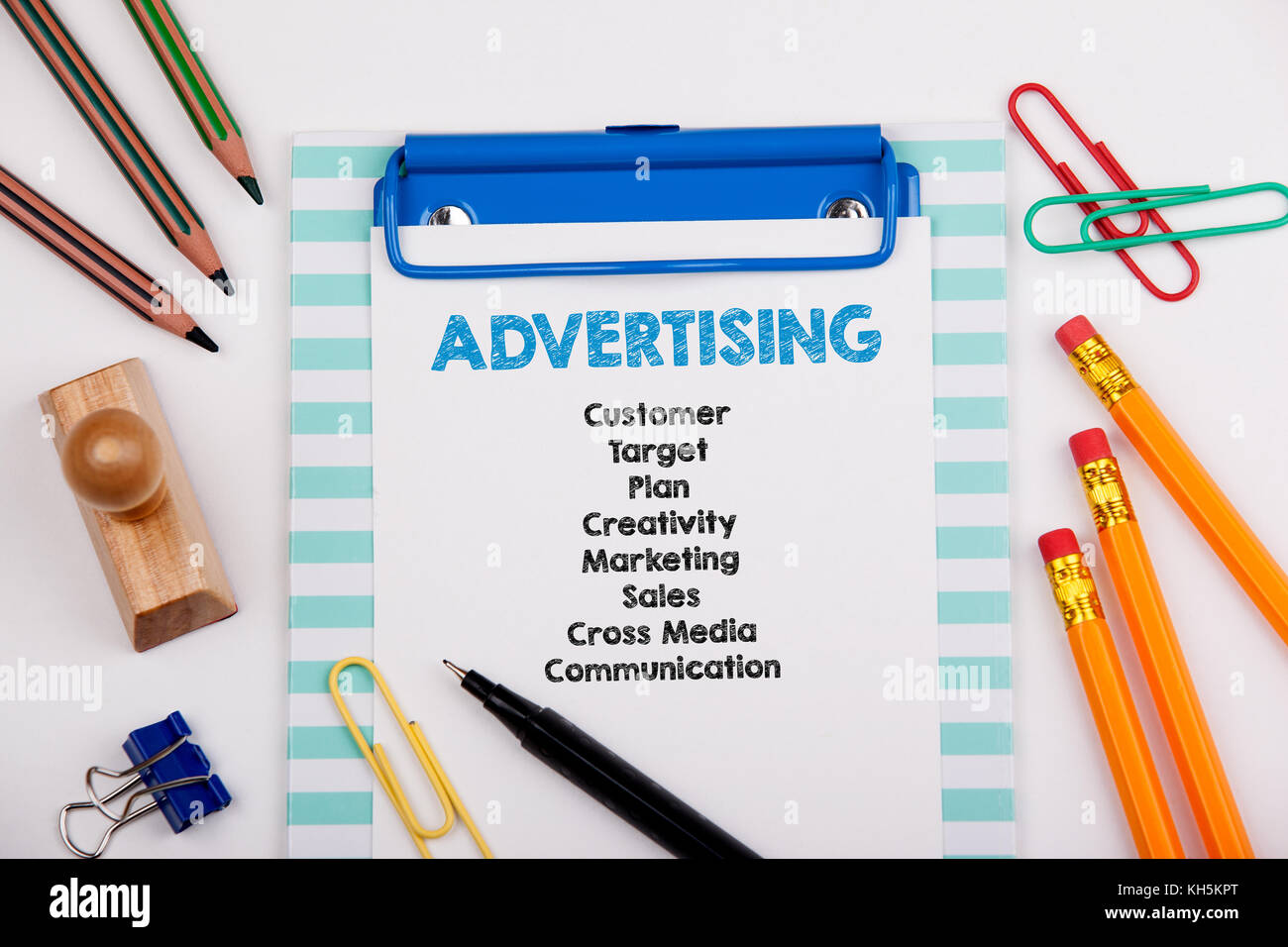 Advertising concept. Office desk with stationery. Successful business ...