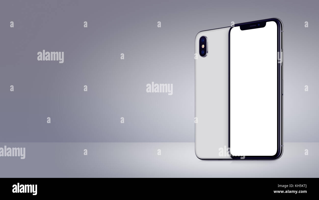White rotated smartphones mockup similar to iPhone X front and back ...
