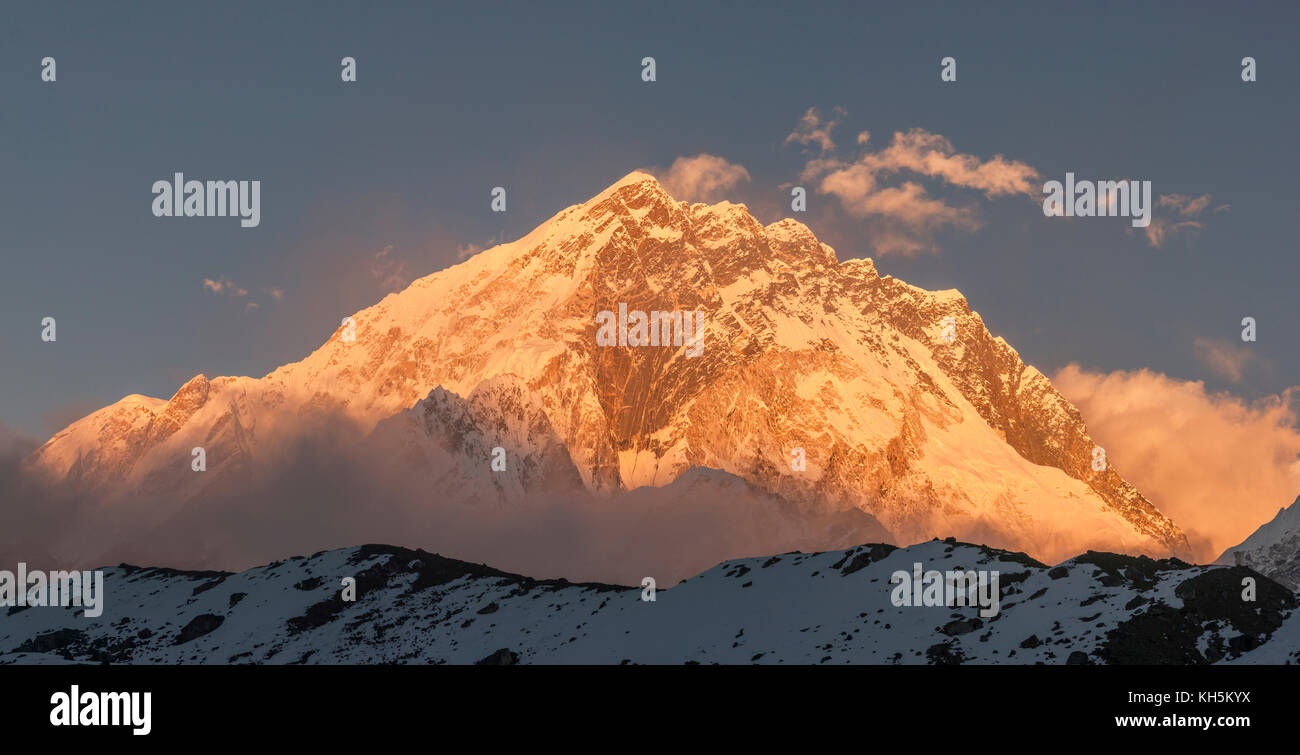 Nuptse summit or peak at sunset or sunrise. Everest base camp trek ...