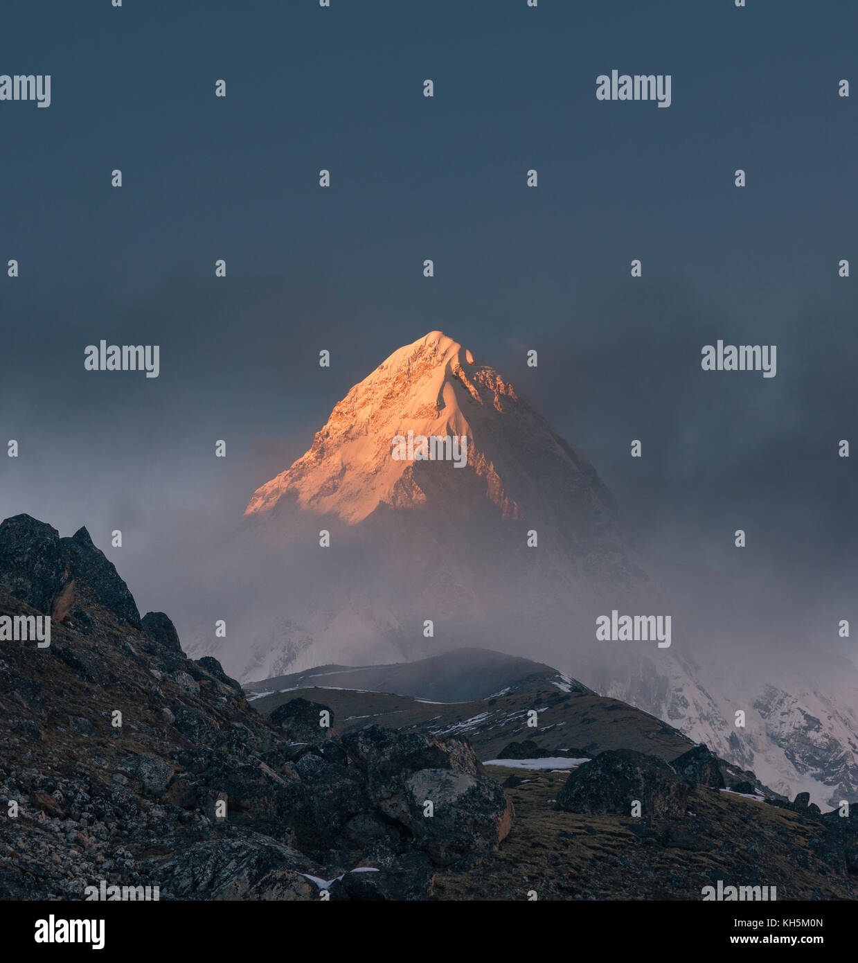 Pumori summit or peak at sunset or sunrise. Everest base camp trek ...