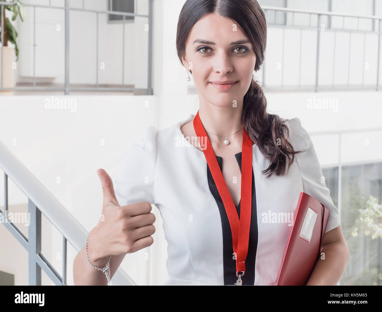 Young Smiling Girl Made Successful Work Shows Gesture Big Thumb Up ...