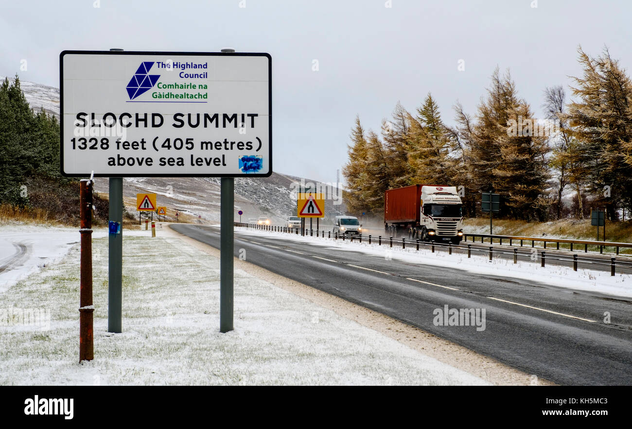 Slochd Summit with the first snow of winter 2017 Stock Photo - Alamy