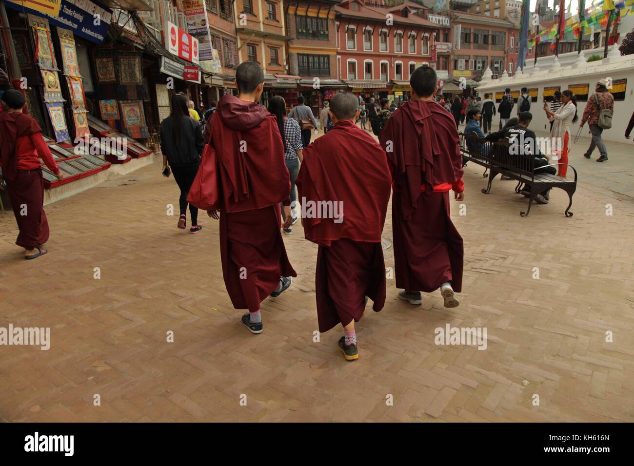October 28, 2017 - Kathmandu, Nepal - A group of Buddhist monks walk ...