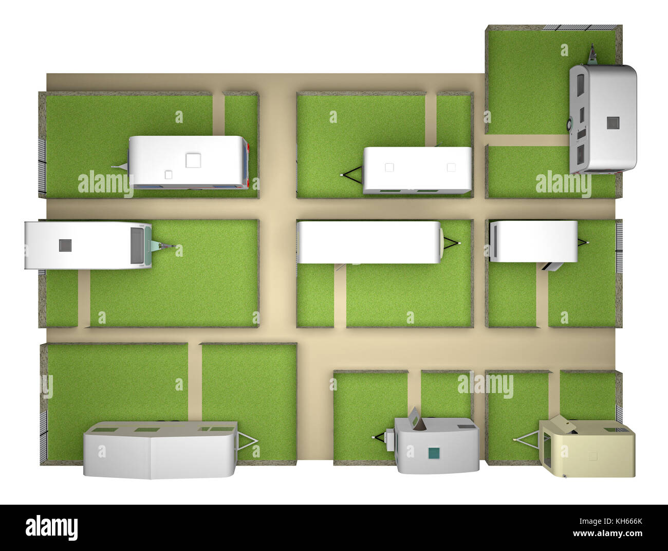 Territory with camping trailers top view. 3d rendering Stock Photo - Alamy