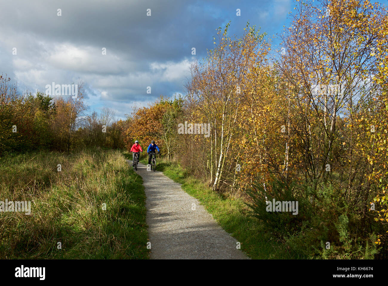 Cyclists at Fairburn Ings, an RSPB nature reserve, West Yorkshire ...